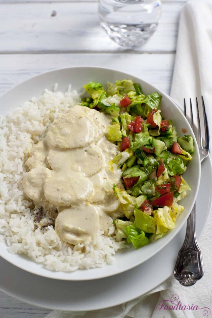 Middle Eastern Kufta Baked with Potatoes and Tahini Sauce | Foodtasia